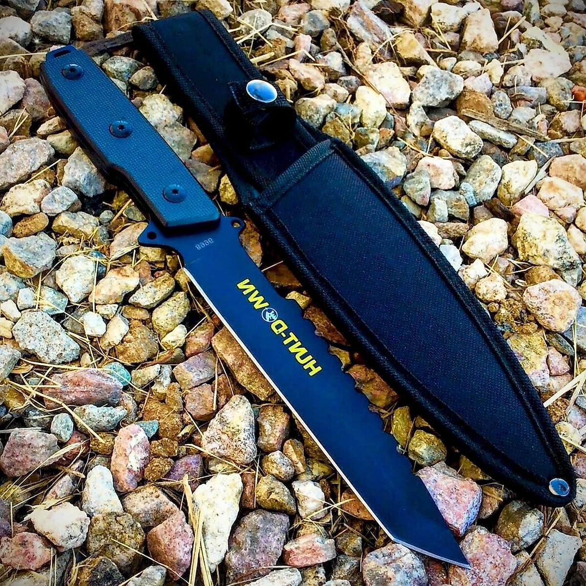S.S. Fixed Knives 12 HuntDown All Black Tanto Blade Hunting Survival Fixed Blade Knife Ridged Edge With Nylon Sheath