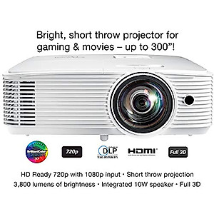 Optoma GT780 Short Throw Projector for Gaming & Movies | HD Ready 720p + 1080p Support | Bright 3800 Lumens for Lights-on Viewing | 3D-Compatible | Speaker Built In