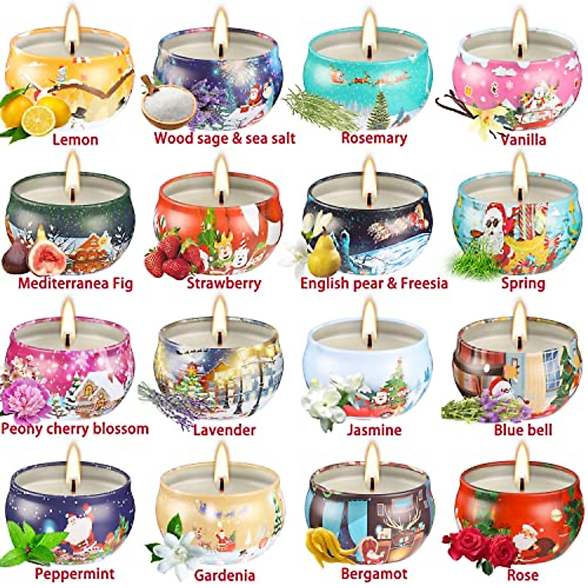 Christmas Candles Gift Set of 16, Bulk Home Scented Aromatherapy Candles with Fragrances, Gift Boxed for Present Candlelight Dinner Spa Bath