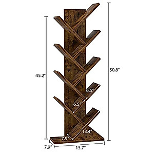 Topfurny Tree Bookshelf, 9-Tier Shelf Rustic Brown Bookcase, Retro Wood Storage Rack for CDs/Movies/Books, Anti-Fall Utility Organizer Shelves for Living Room, Bedroom, Home Office, Rustic Brown