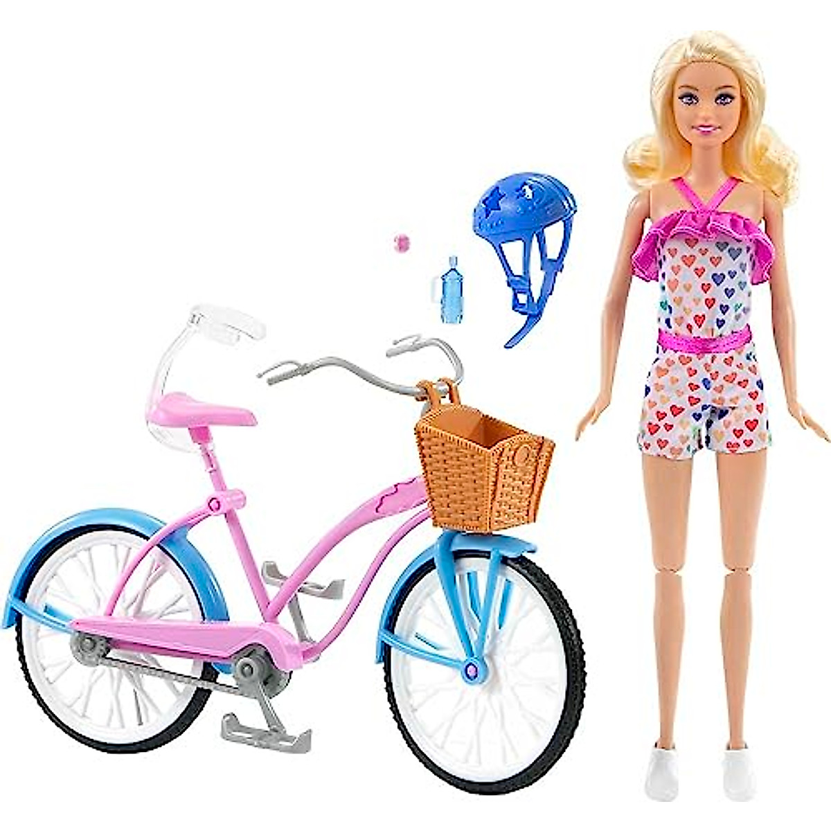 Barbie Doll & Bike Set with Accessories, Blonde in Rainbow Romper with Pink & Blue Bicycle, Helmet, Basket & Water Bottle