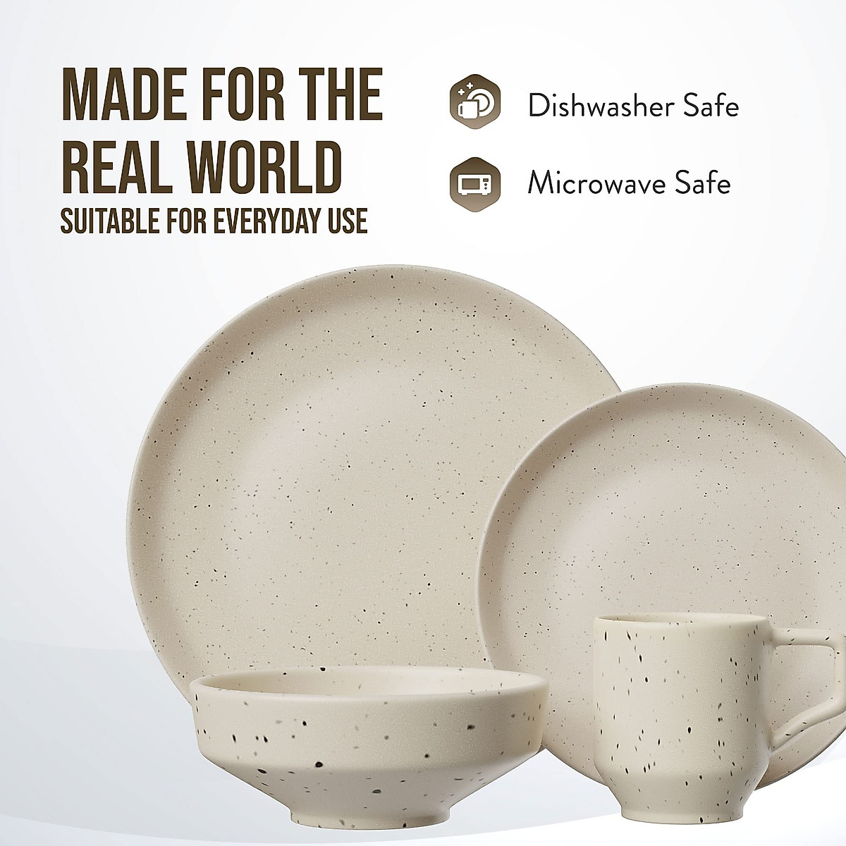 American Atelier Reactive 4-Piece Stoneware Place Setting | Coffee Mug, Bowl, Plate Set | Kitchenware | Stoneware Dinnerware Set | Microwave, Dishwasher Safe | Service for 1 (Speckled Cream)