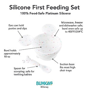 Bumkins Baby Bowls, Disney Mickey Mouse Silicone Baby Feeding Set, Suction Bowls for Baby and Toddler with Spoon, First Feeding Set, Platinum Silicone Bowl for Babies 4 Months