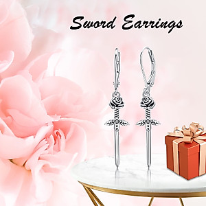 PELOVNY Christmas Gifts Gothic Sword Earrings 925 Sterling Silver Rose Dagger Earrings Drop Dangle Earrings for Women Friends