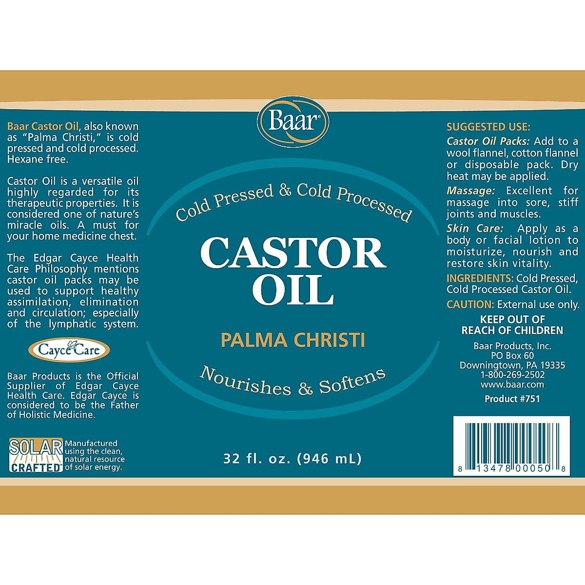 Baar Cold-Pressed, Cold-Processed, Hexane Free Castor Oil, 32 Ounces