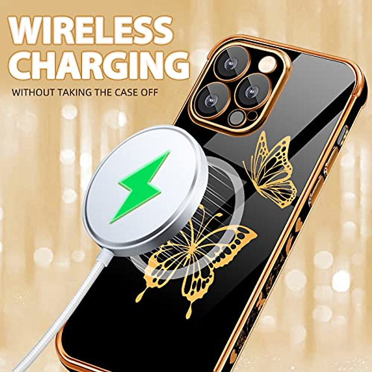 Petitian for iPhone 14 Pro Max Case, Cute Women Girls Gold Designed Butterflies Phone Cases for iPhone 14 Pro Max, Girly Gold Plating Phone Cover for 14 Pro Max with Camera Protector Black