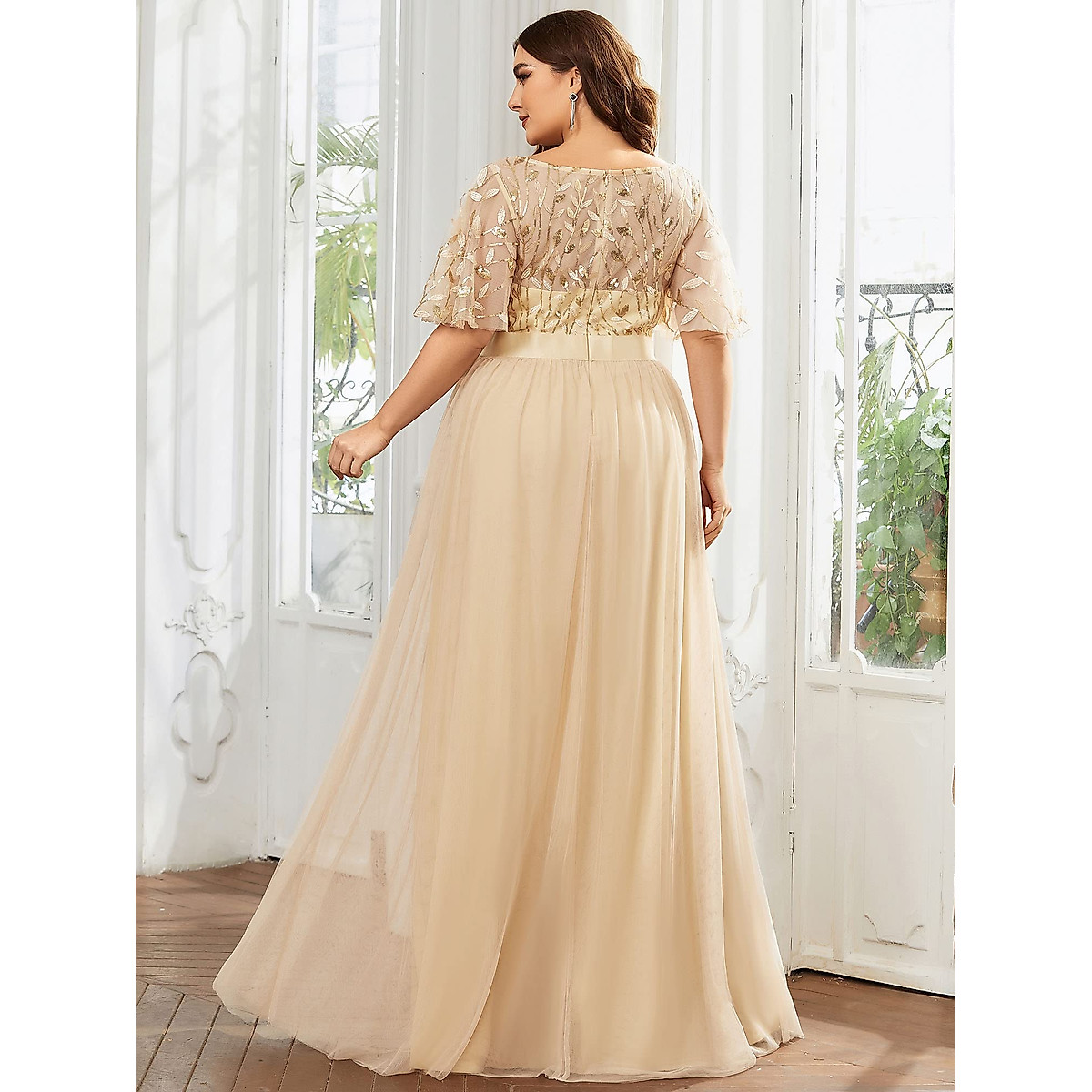 Ever-Pretty Women's Round Neck A-Line Tulle Sequin Plus Size Formal Dresses for Women Gold US18