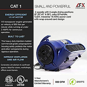 AFX POWER CAT 1 Air Mover Blower Carpet Dryer Floor Fan, for Restoration and Janitorial Use, to Clean and Dry Water Spills, Leaks or Floods (1/5 HP)