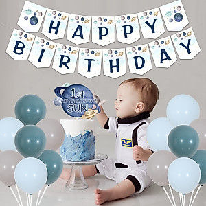 First Trip Around The Sun Birthday Decorations for Boy, Space One High Chair Banner & Galaxy Happy Birthday Garland, Planet Cake Toppers for 1st Birthday Party Supplies