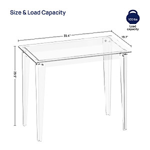 HMYHUM Small Acrylic Computer Desk, 35.4 Inch, Clear Study Desk for Home Office, Writing, Vanity, Modern, Easy Assembly, 19.7" W x 29.5" H, Right-Angle Legs Design