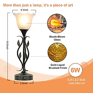 Bedside Lamps, Table Lamp with USB Port 3 Way Dimmable Touch lamp Torchiere Nightstand Lamps with Rustic Vines Leaf and Glass Flower Shade lamp for Bedroom, Living Room, Office
