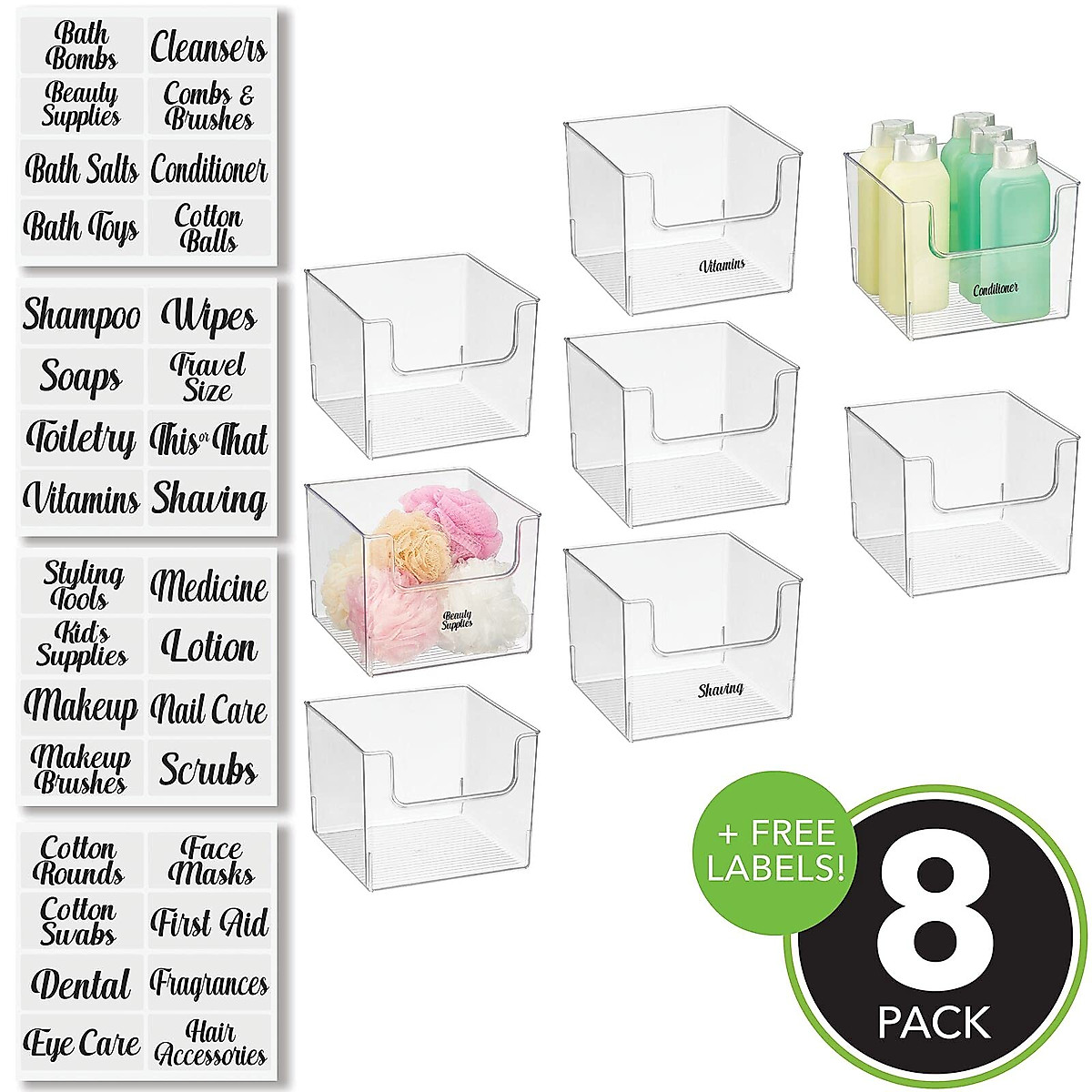 mDesign Deep Plastic Home Storage Organizer Bin - Container for Bathroom - Open Front Design - 8 Bins + 32 Labels - Clear