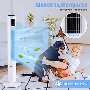 LDAILY 48 Inch Oscillating Tower Fan, Quiet Powerful Bladeless Fan with 3 Speeds, 3 Modes, Remote Control, 15H Timer, LED Display, Floor Standing Household Fan for Bedroom Living Room Office