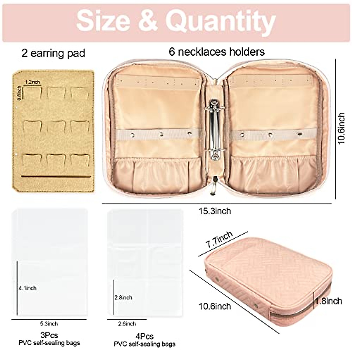 WimuPath Jewelry Travel Organizer Case, Transparent Jewelry Storage Book Ring Binder with Clear Pockets, Zippered Booklet Pouch Bag for Necklaces, Earrings, Rings, Bracelets Accesorries -Pink