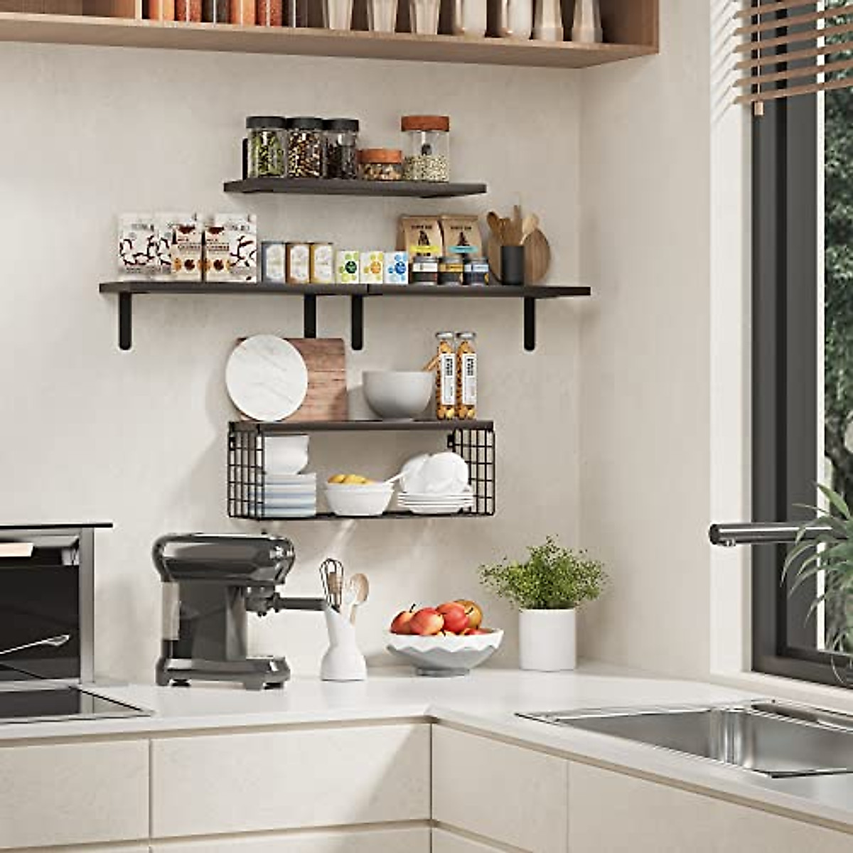 Floating Shelves with Storage Basket, Bathroom Shelves Over Toilet Paper Holder Storage Shelves, Wall Mounted Rustic Wood Shelves for Bathroom, Bedroom, Living Room, Kitchen(Brown, Set of 4)