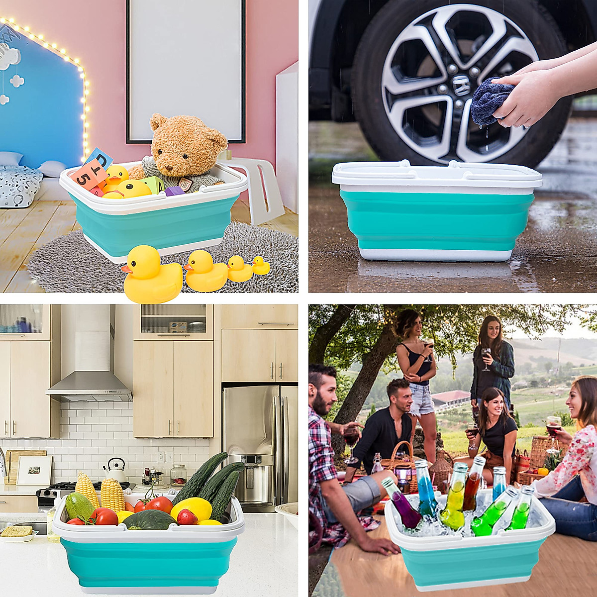 AUTODECO 2 Pack Collapsible Sink with Handle Towel, 2.37 Gal / 9L Foldable Wash Basin for Washing Dishes, Camping, Hiking and Home Blue