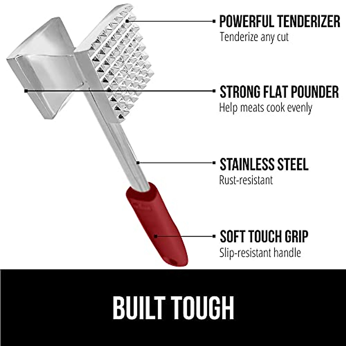Gorilla Grip Hand Held Can Opener and Meat Tenderizer, Large Lid Openers Rust Proof, Heavy Duty Meat Tenderizer Soft Grip Handle, Both in Red, 2 Item Bundle