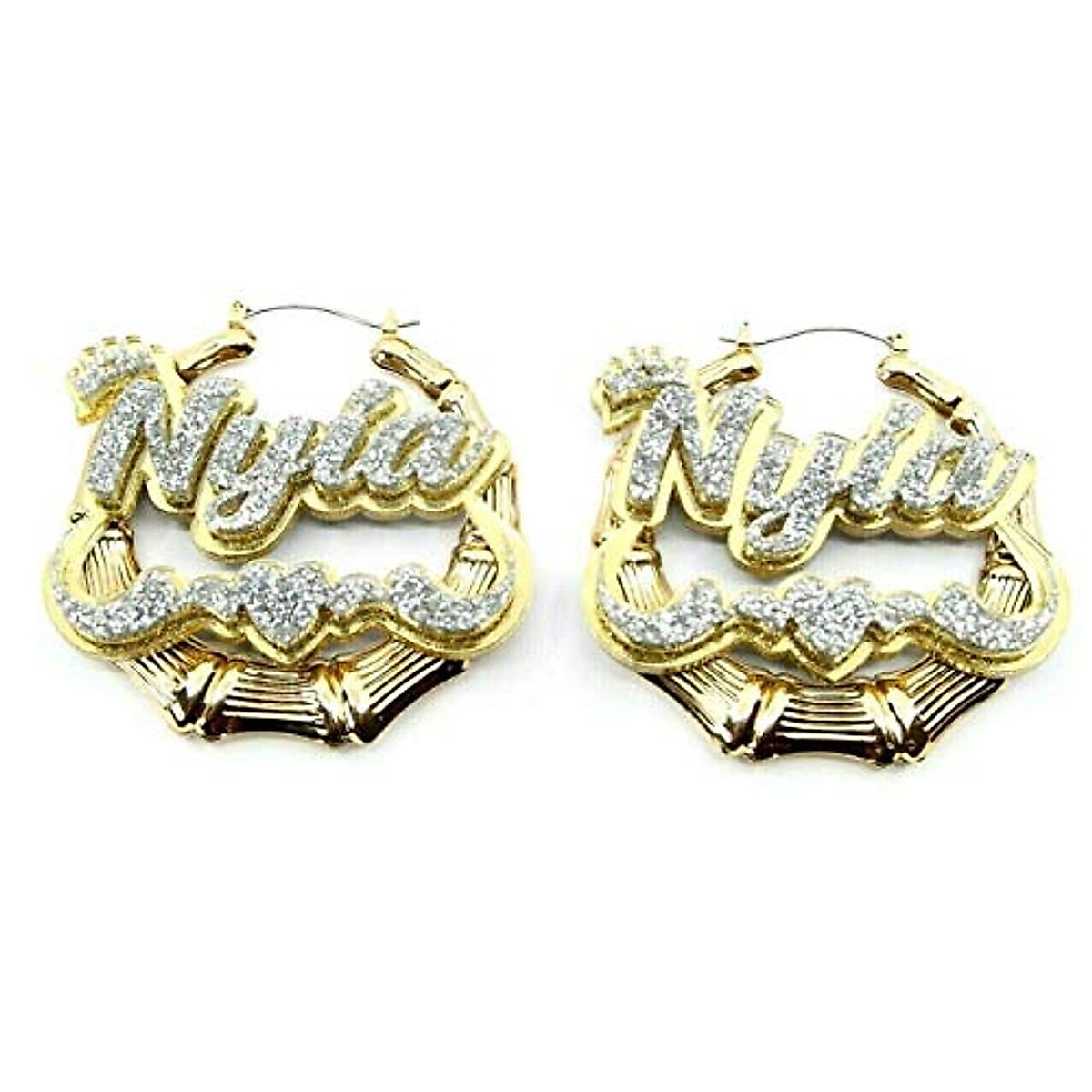 Personalized Custom Gold Hoop Bamboo Earrings Name Plate Laser Cut Design Stunning Look - Quality, Attractive Gold Hoop Earrings With Swirls Heart and Crown on Top, Made To Order - 2.5 INCHES size