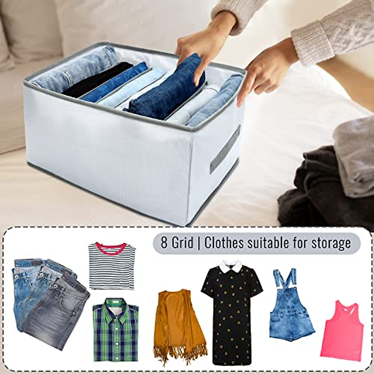 2 Pcs Closet Organizers and Storage, 8 Grids Dividers Drawer Organizer Portable clothes Storage Baskets Foldable Wardrobe Clothes Organizer and Storage Bins for Jeans Pant Shirts Bedroom Folding Closet Drawer Organizers