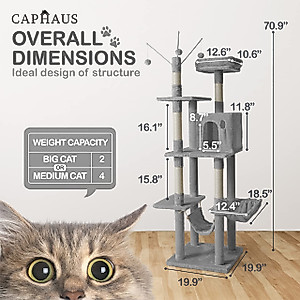 CAPHAUS 70-Inch Activity Tree with Hammock, Multi-Level Modern Cat Climbing Play Tower w Tall Top Perch, Cat Cave Condo, Indoor Cat Treew Cute Scratching Posts for Large Cats Kittens