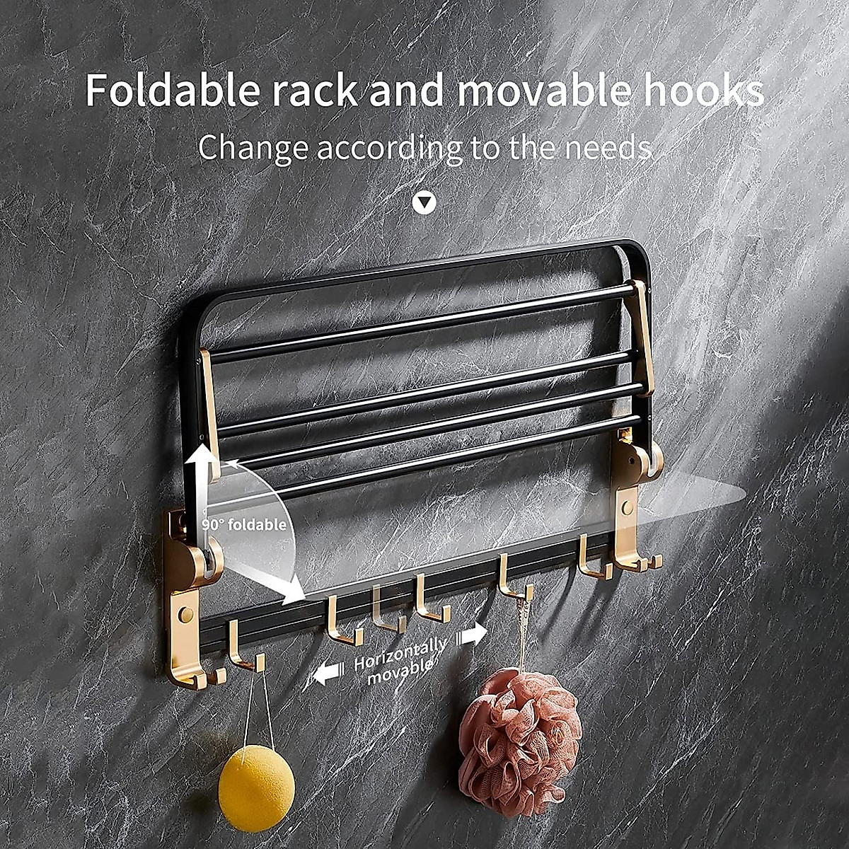 Bathroom Towel Rack Lavatory Hotel 24 Inch Foldable Towel Shelf with Towel Bar and Movable Hooks, Black and Matte Gold Polished Aluminum Modern Wall Mount Holder