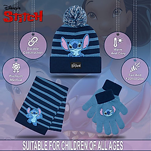 Disney Lilo and Stitch Kids Beanie Hat and Glove Set for Girls – Blue Stitch Hat for Girls Ages 5-13
