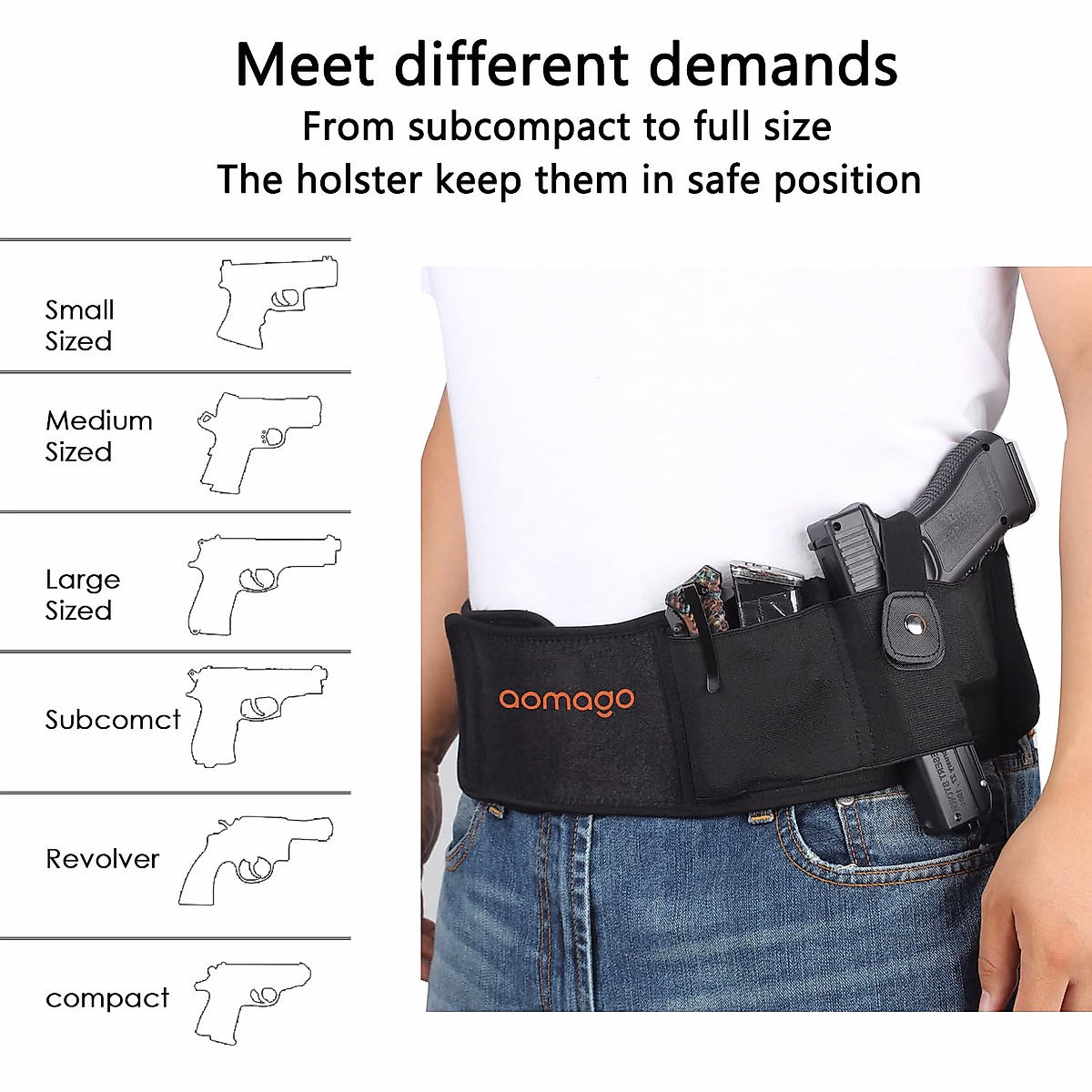 Aomago Belly Band Holster for Men Women - Gun Holster for Comfortable Carry Fits Glock, Smith Wesson, Taurus, Ruger, and More-Breathable Neoprene Waistband Holster for Most Pistols and Revolvers