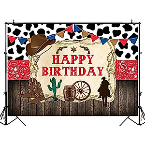 Mocsicka Western Cowboy Happy Birthday Backdrop Rustic Old West Rodeo Cowboy Background Red Bandana and Rustic Wood Kids Birthday Party Decoration Banner (7x5ft (82x60 inch))
