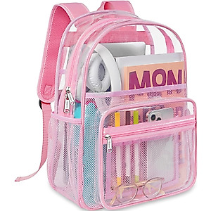 Mancro Clear Backpack for Girls, TPU Transparent Bookbag Heavy Duty See Through School Bag with 14 Inches Laptop Compartment, See Through School Backpack, Pink
