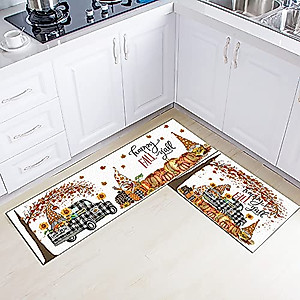 delaimastor Fall Gnome Pumpkin Decorative Kitchen Mats Set of 2, Fall Halloween Thanksgiving Rustic Yard Low-Profile Floor Mat for Kitchen, Gnome Plaid Maple Leaves Seasonal Decorative Floor Mat