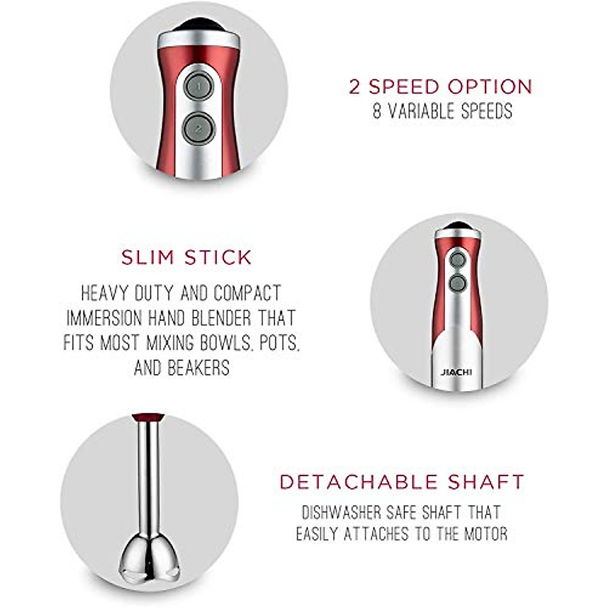 JiaChi 800W Variable Speed Immersion Hand Blender Set Includes BPA-Free Food Chopper/Egg Beater/Beaker, Titanium Coating Blade, Ergonomic Grip Detachable, Comfortable Silicone Button, Red