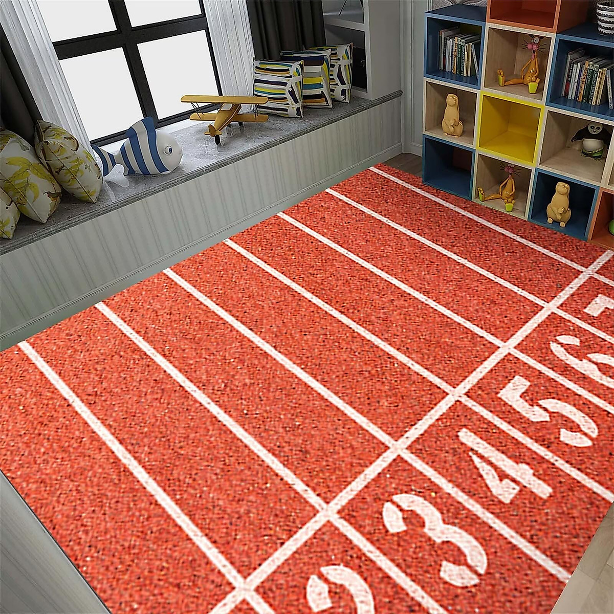 Athletic Field Rug Track Area Rugs Red Rug Sport Theme Decor Carpet Non-Slip for Kids Boy Playroom Bedroom Living Room Washable Floor Mat, 24 in X 36 in