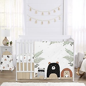 Sweet Jojo Designs Bear Raccoon Hedgehog Forest Animal Woodland Pals Baby Unisex Boy or Girl Nursery Crib Bedding Set - 4 Pieces - Neutral Beige, Green, Black and Grey