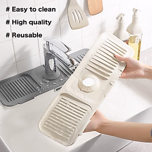 XOUDOOH Silicone Faucet Handle Drip Catcher Tray Mat, Faucet Splash Guard, Dish Soap Sponge Holder for Kitchen Sink Accessories, Silicone Faucet Mat, Keep Kitchen and Bathroom Sinks Dry (Grey)