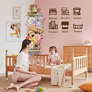 Corner Stuffed Animal Storage Wood Plush Toys Hanging Organizer Length Adjustable Stuffed Animal Holder with Moon Star Pattern Kids Toy Shelf Large Toy Storage for Nursery Playroom Bedroom Furniture