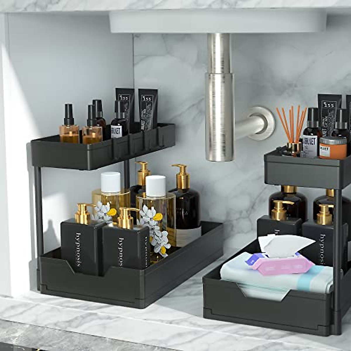 2 Pack Under Sink Organizer Storage Pull Out Cabinet Organizer 2-Tier Slide Out Sliding Shelf Multi-Use Narrow Space Under Sink Organizers and Storage for Kitchen Bathroom