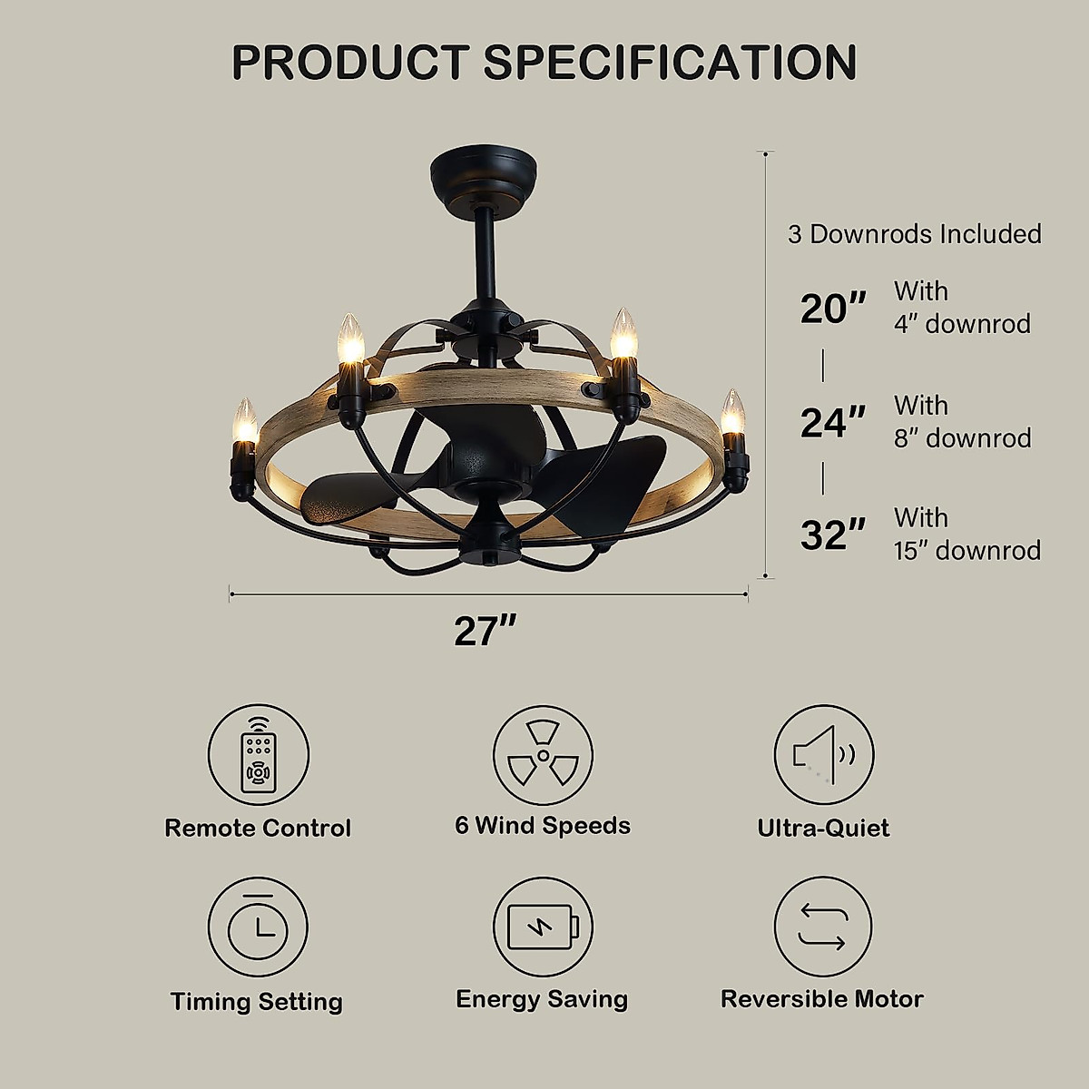MOOONICHE 27'' Farmhouse Ceiling Fan with Light Remote Control, Vintage Cage Ceiling Fan with Lights, Rustic Chandelier Fan for Kitchen Dining Room Living Room