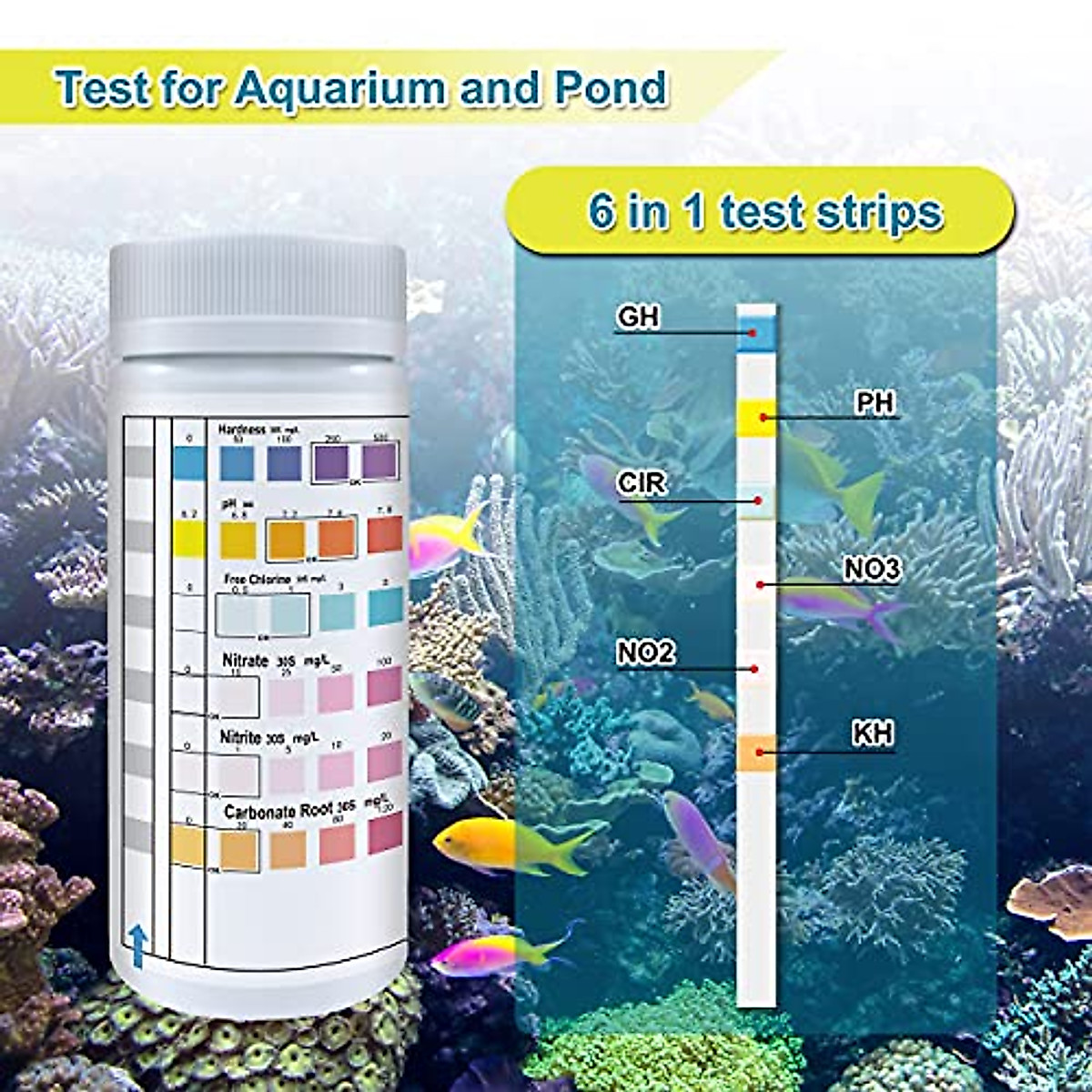 VANSFUL 6 in 1 Aquarium Test Strips, 100 Strips Fish Tank Test Kit for Testing Freshwater Saltwater Pond,Accurate Nitrate Nitrite Chlorine Carbonate Hardness (GH & KH) and pH