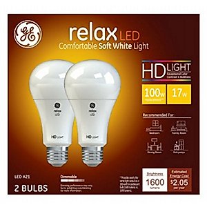 GE Lighting Relax HD A21 Lighting LED, 17-Watt Soft White Finish, Dimmable, 100-Watt Replacement, 1600 Lumen, E26 Medium Base, 2-Pack
