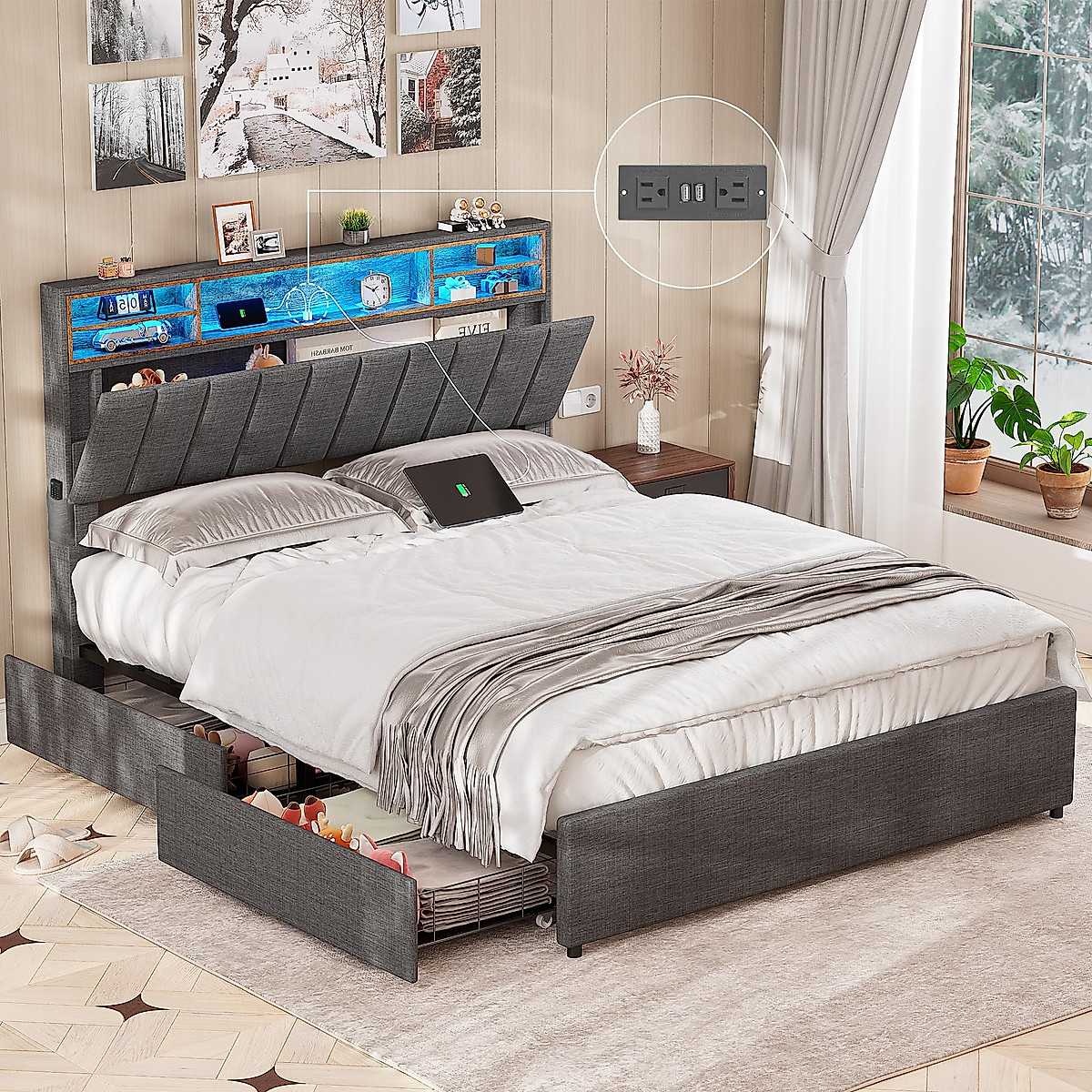 Full Size Bed Frame with Tall Bookcase Headboard and Charging Station, LED Bed Frame with 4 Storage Drawers, Upholstered Platform Bed with Heavy Duty Support Legs, No Box Spring Needed, Dark Grey
