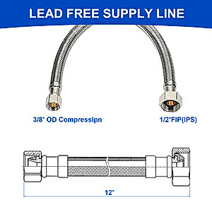 Universal Flexible Faucet Hose Connector, 12-Inch x 3/8" Comp x 1/2" FIP, Premium Braided Stainless Steel Faucet Water Supply Line for Kitchen Bathroom Sink Faucet (2-Pack)