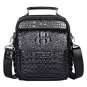 PIJUSHI Crocodile Leather Crossbody Bag for Men Genuine Leather Small Messenger Bag Shoulder Bag(PE002 Black)