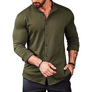 COOFANDY Mens Collarless Dress Shirts Muscle Fit Wrinkle Free Button Down Shirts Army Green