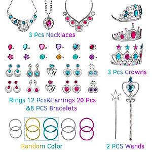 WATINC 51Pcs Princess Jewelry Toy Pretend Play Set Ballet Tutu Skirts of Stars Snowflake for Little Girls Crowns Necklaces Adjustable Jewel Rings Earrings Bracelets Wands Dress Up Accessories for Kids