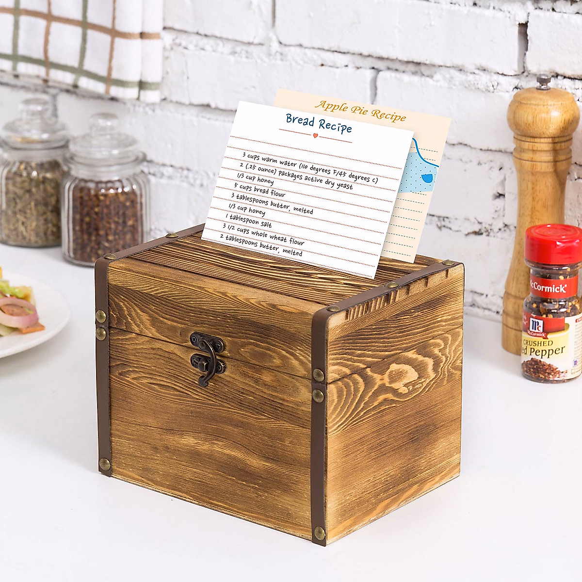 MyGift Rustic Burnt Wood Recipe Card Box with Divider, Wooden Recipe Holder Organizer Chest with Leatherette & Brass Accents - Holds 4 x 6 Cards
