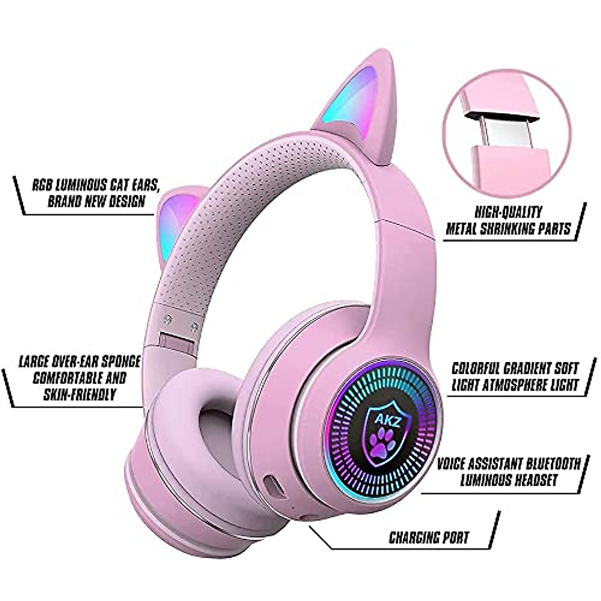 Zuri Sana Cat Ear Gaming Bluetooth 5.2 Wireless Foldable Headphones with LED Light, Over Ear Stereo Sound Music Headsets with Microphone AUX for PC TV Pad Cellphone Laptop Game Kids Adults Gift