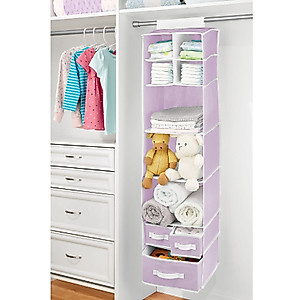 mDesign Fabric Hanging Organizer - Over Closet Rod Storage - 7 Shelves/3 Drawers for Baby Nursery or Bedroom Organization, Holds Clothes, Linens, Toys, Accessories, Jane Collection, Light Purple/White