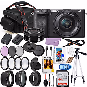 Sony A6400 Mirrorless Camera with 16-50mm Lens Bundle + Commander Optics Accessories Pro Package Including Filters, Auxiliary Lenses + 64GB Memory, Movavi Software Package & More (Renewed)