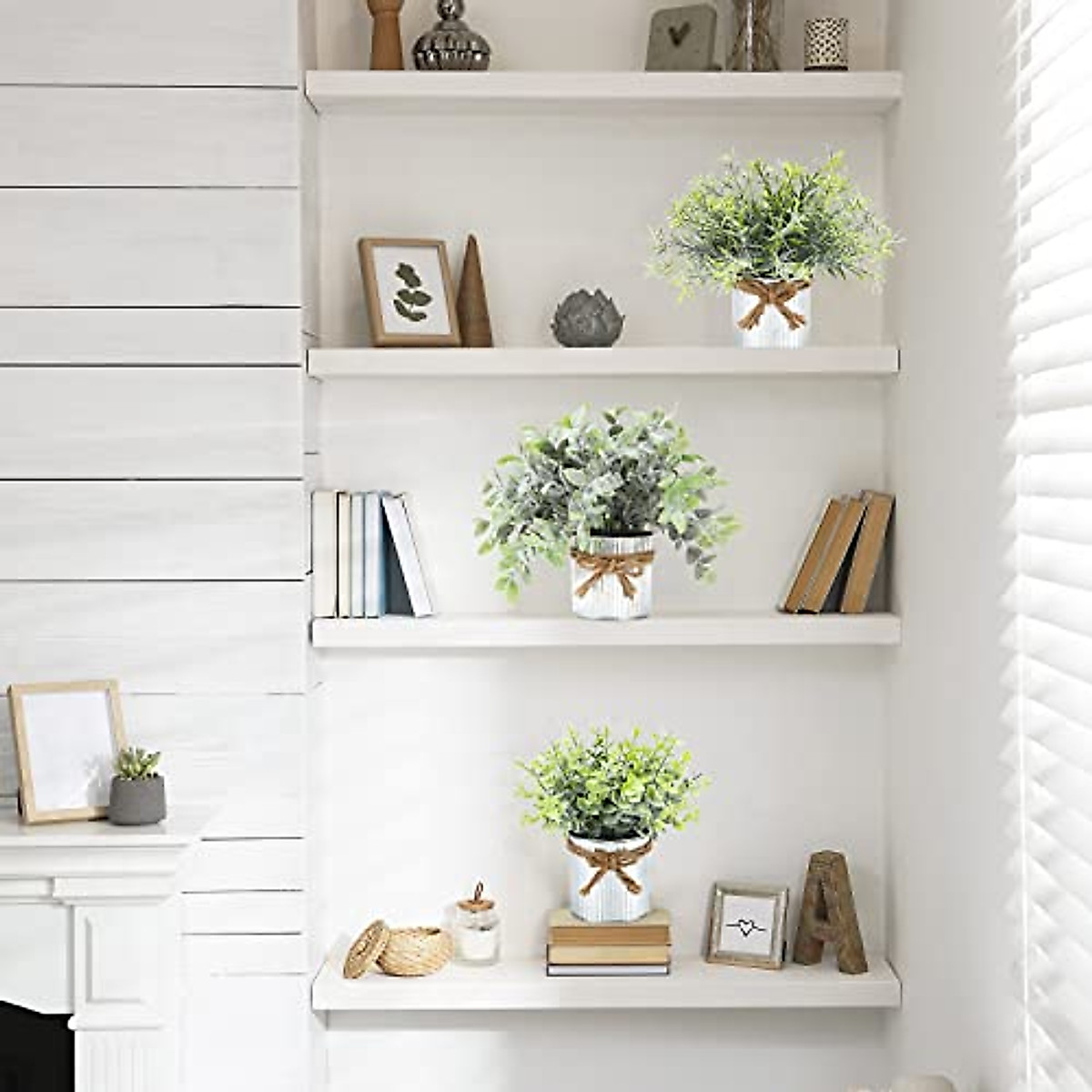 CEWOR 3 Pack Fake Potted Plants for Farmhouse Decor, Artificial Eucalyptus Metal Pots in Rustic Rectangular Pots Table Centerpiece for Dining Room Bathroom Desk Room Office Greenery Decor or Gift