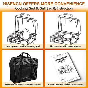 Hisencn Portable Flat Top Grill and Portable Grill Cart Folding Cart Outdoor Griddle Stand Shelf, Nonstick Camping Griddle 348 sq. in. 24000 BTUs Griddle for Tabletop Gas Grill, 22 Inch with Hood